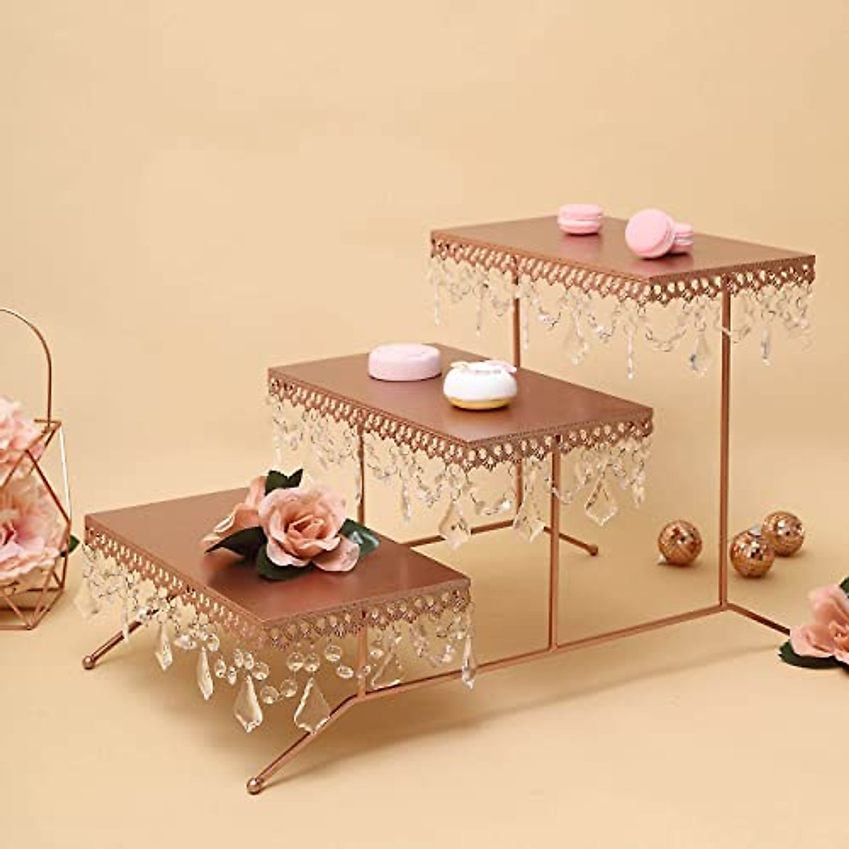 Efavormart 15" Tall Rose Gold 3 Tiered Serving Stand Cupcake Dessert Stand with Crystal Pendants