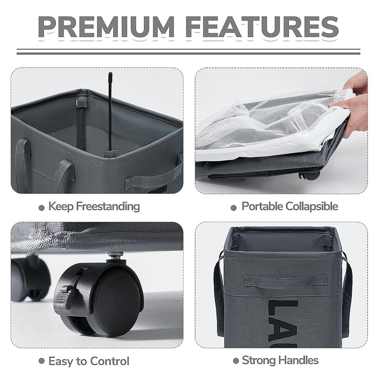 CHICVITA Rolling Laundry Basket with Wheels,75L Large Collapsible Laundry Hamper with Removable Wash Bag Space for Corner Dorms, Grey