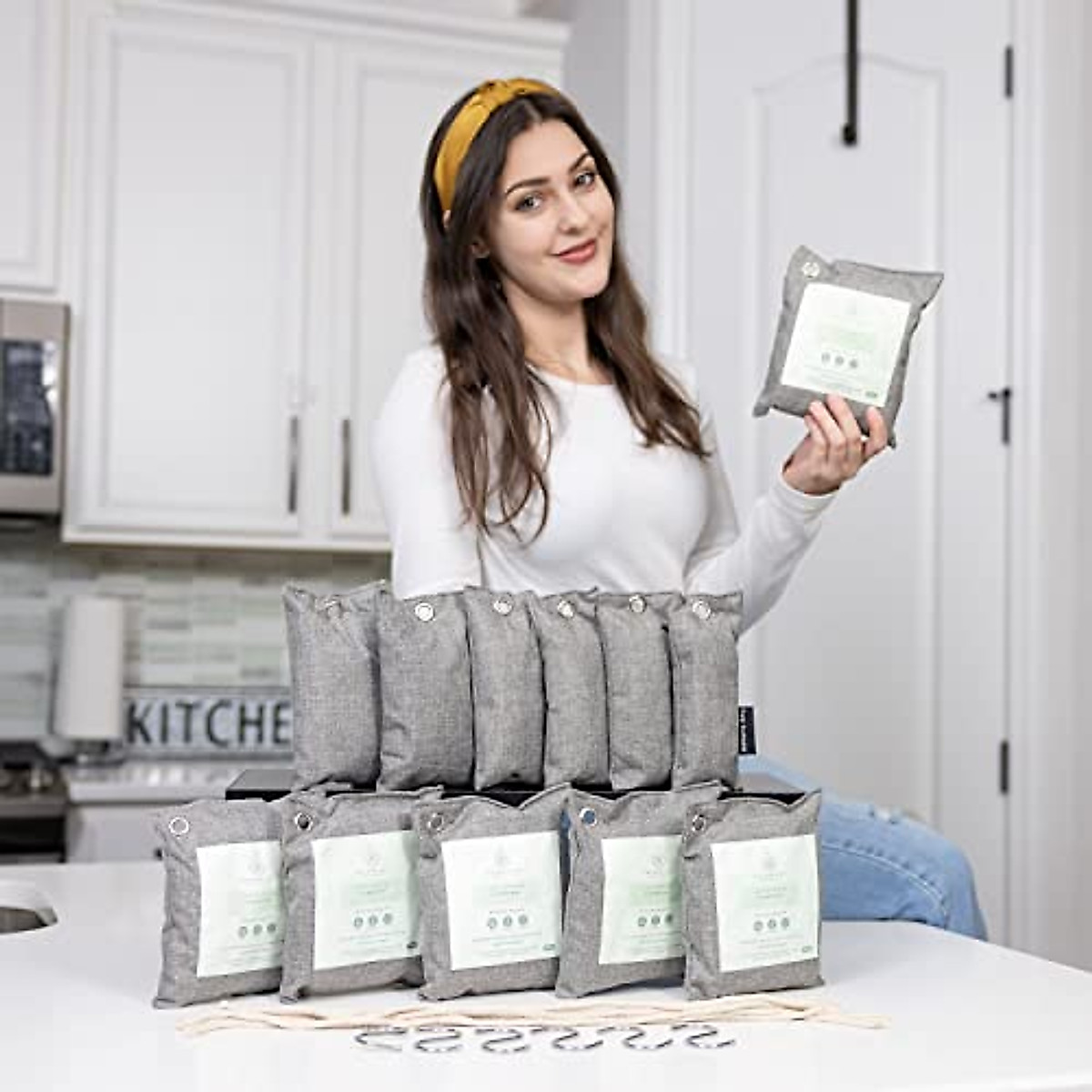 Adhara Sky 12 Pack Bamboo Charcoal Air Purifying Bag, Activated charcoal Bags Odor Absorber, Odor Eliminator for Home, Car, Office, Closet & House Deodorizer (6X200g,2X100g,4X50g,6 Hooks & Strings)