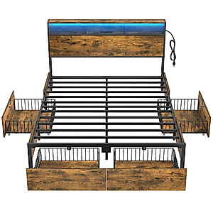 furomate Bed Frame Queen Size Metal Bed Frame with Storage Headboard and 4-Drawers, Platform Bed Frame with LED Light & Charging Station, No Box Spring Needed, Rustic Brown