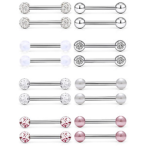 Prjndjw 8 Pairs 14G Nipple Rings Surgical Steel Tongue Rings Barbell Nipplering Body Piercing Jewelry Retainer for Women Men 16mm Length