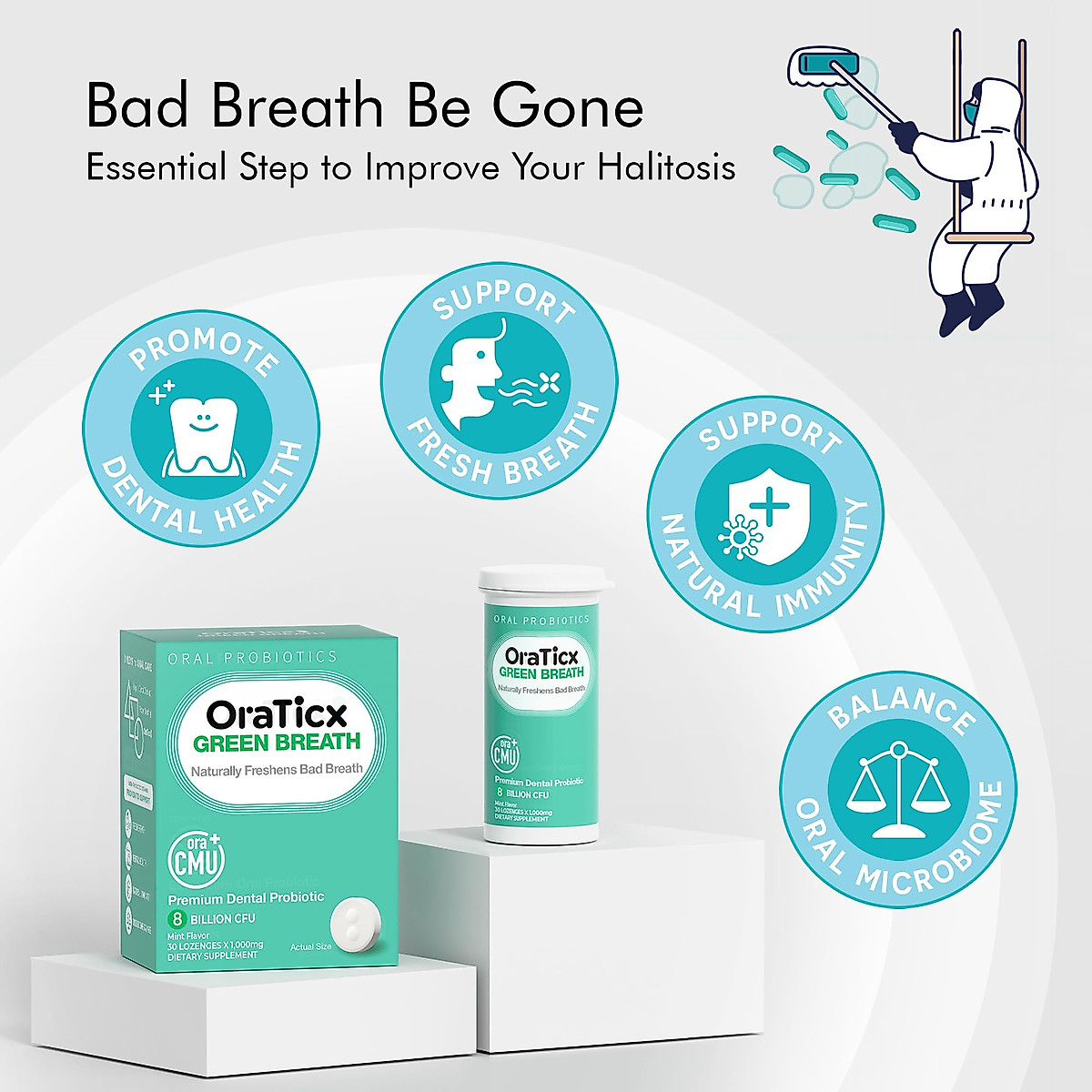 OraTicx Green Breath Oral Care Probiotics, Naturally Support Freshens Bad Breath & Healthy Mouth, Dental Probiotic Supplement 8 Billion CFU, Mint Flavor 30 Lozenges 1-PK