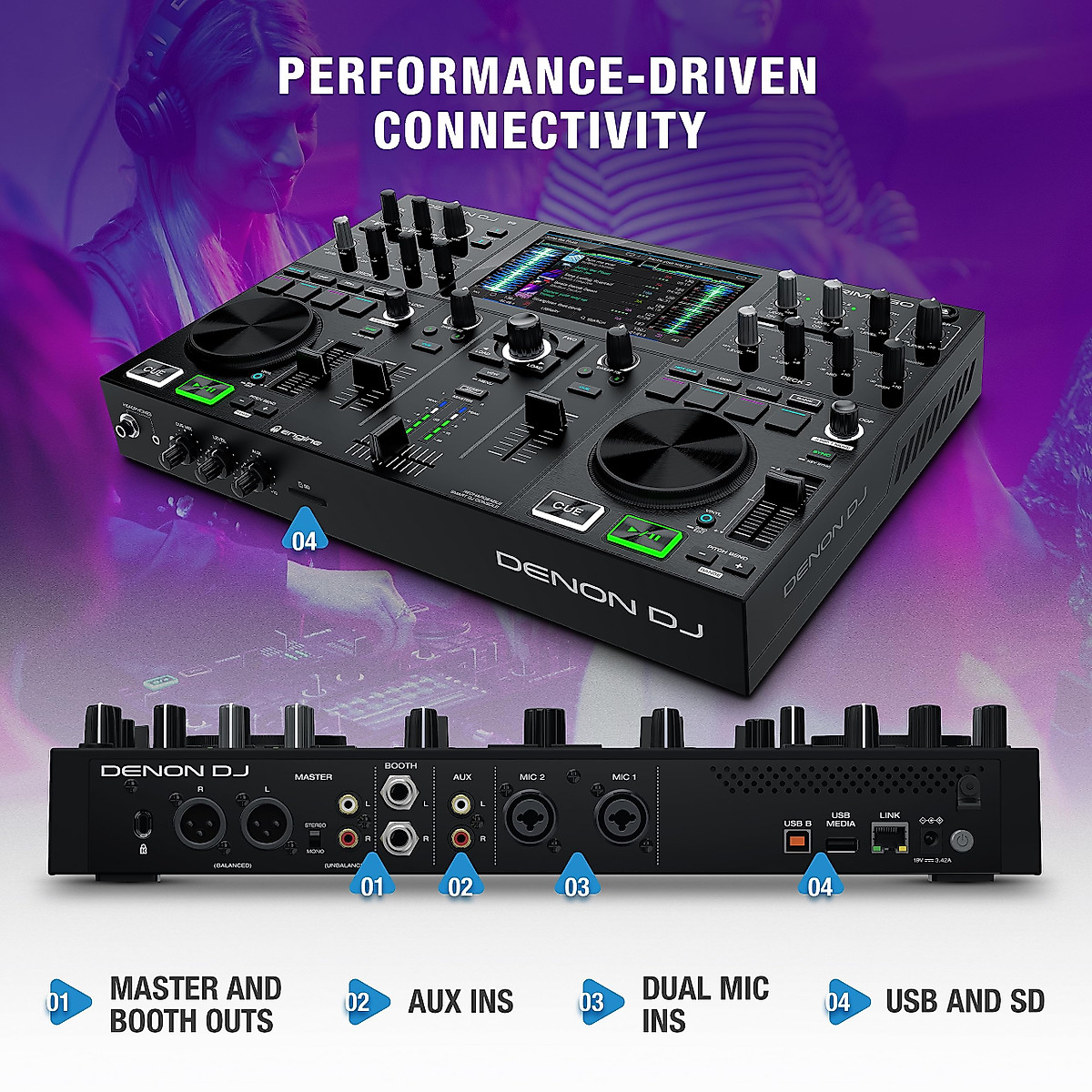 Denon DJ PRIME GO – Portable DJ Controller and Mixer with 2 Decks, WIFI Streaming, 7-Inch HD Touchscreen, DJ Set with Lights Control and Rechargeable Battery