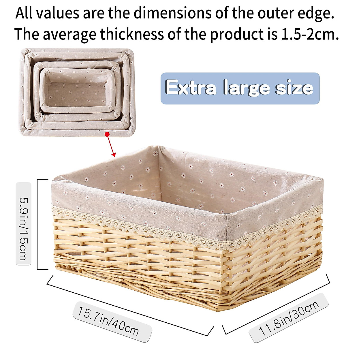 LONGERO Handcrafted Shelf Basket, Handwoven Wicker Basket, for Storage & Organizing, Natural Willow Materials with Cotton Lining, Rectangular, 1 Pack, Extra Large