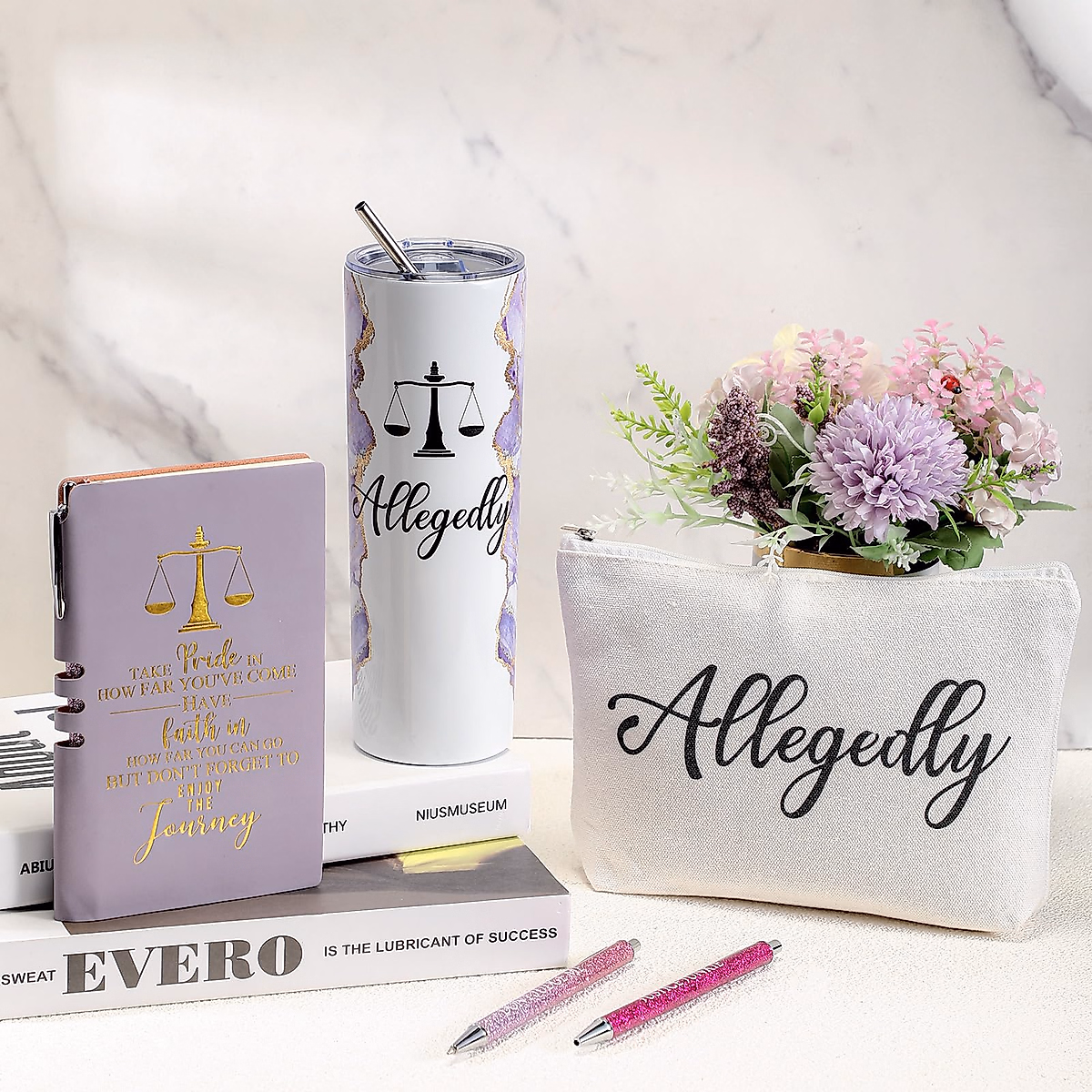Domensi 6 Pcs Funny Allegedly Lawyer Gifts Judge Gift Lawyer Appreciation Day Gift 20 oz Marble Sign Tumbler Makeup Bag Notepad Ballpoints for Law Paralegal School College Teacher(Purple)