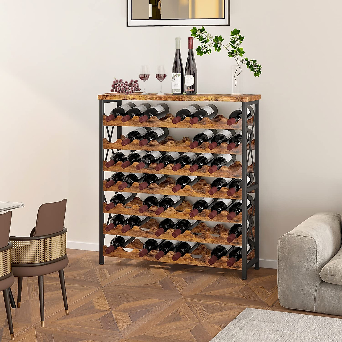 Homeiju 56-Bottle Freestanding Wine Rack, Wooden Wine Rack Storage Shelf, Stackable Wine Bottle Rack with Tabletop for Living Room,Kitchen or Wine Cellar
