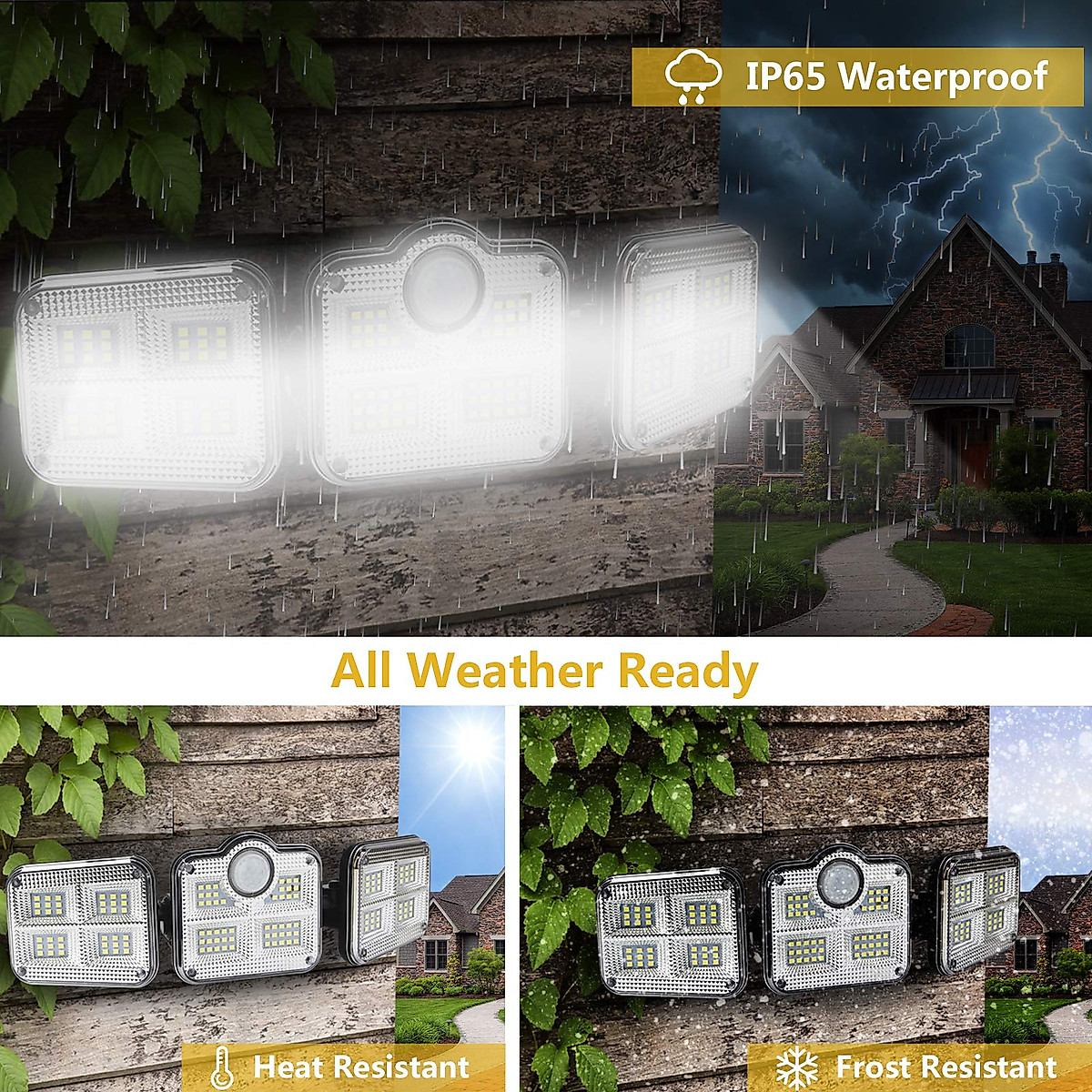 Solar Lights Outdoor Indoor - LED Solar Motion Sensor Lights 3 Adjustable Heads 270° Wide Angle: Security Flood Light IP65 Waterproof Solar Powered Wall Lights with Remote Control & 16.5 ft Cables