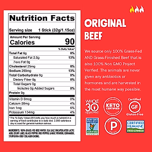 CHOMPS Grass Fed Original Beef Jerky Snack Sticks, Keto, Paleo, Whole30 Approved, Non-GMO, Gluten Free, Sugar Free, High Protein, 90 Calorie Snack, 24 Individual Servings