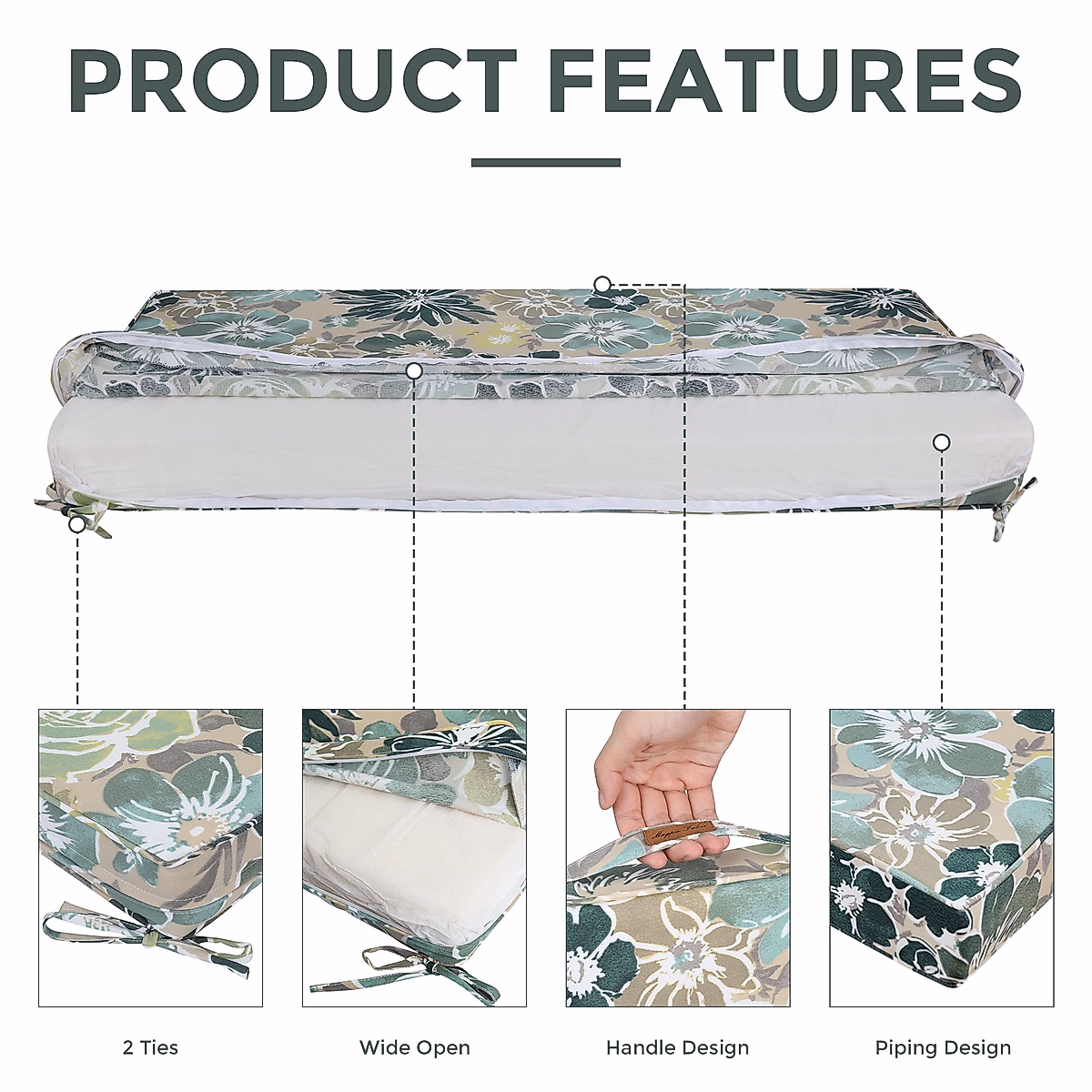 Magpie Fabrics Outdoor Bench Cushion 48 x 18 Inches, Settee Loveseat Pads with Handle and Ties for Garden Patio Backyard Porch Sofa Couch Swing (Green Floral)