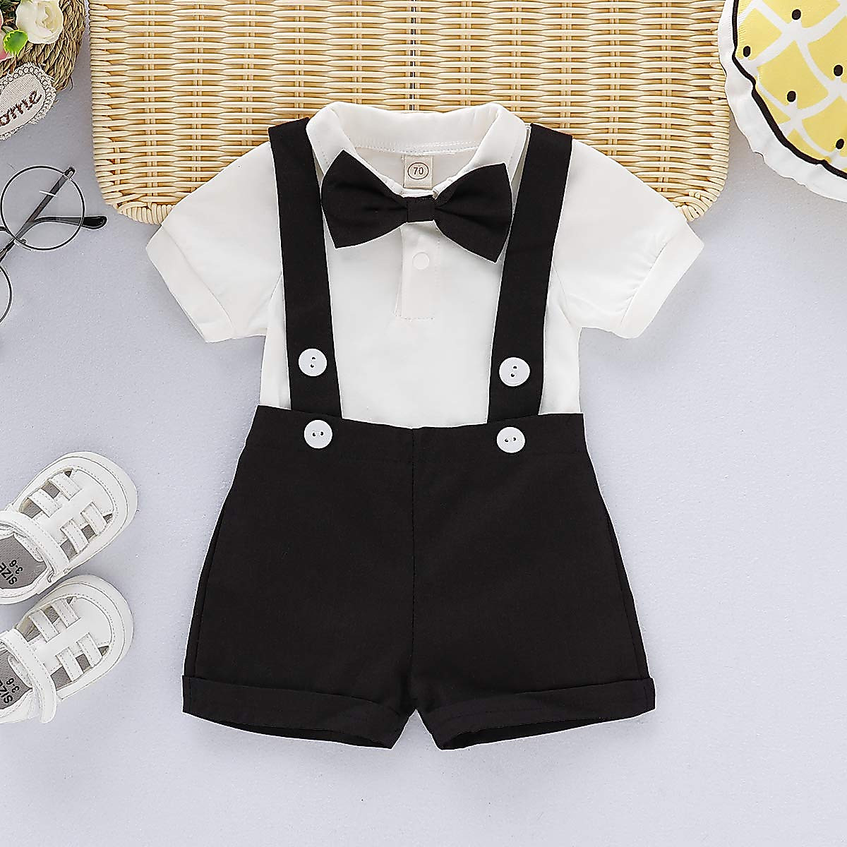 RUSHAIBAR Baby Boys Formal Outfits Suit Set Romper Suspenders Shorts Pants Bowtie Wedding Tuxedo Cake Smash Clothes black 18-24 Months
