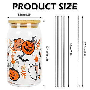 Whaline 2 Pack Halloween Glasses Cups Cute Pumpkin Ghost Bat Drinking Glasses 16oz Halloween Ice Coffee Cup with Bamboo Lid and Straw Beer Glass Can for Cocktail Whiskey Beer Soda Decor Gifts