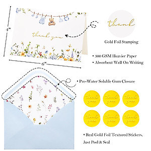 Crisky Baby Shower Blue Gold Thank You Cards (50 Pack) with Envelopes & Stickers Boy Baby Shower Greeting Cards Bulk, Watercolor Delicate Wildflower for Baby Shower Party
