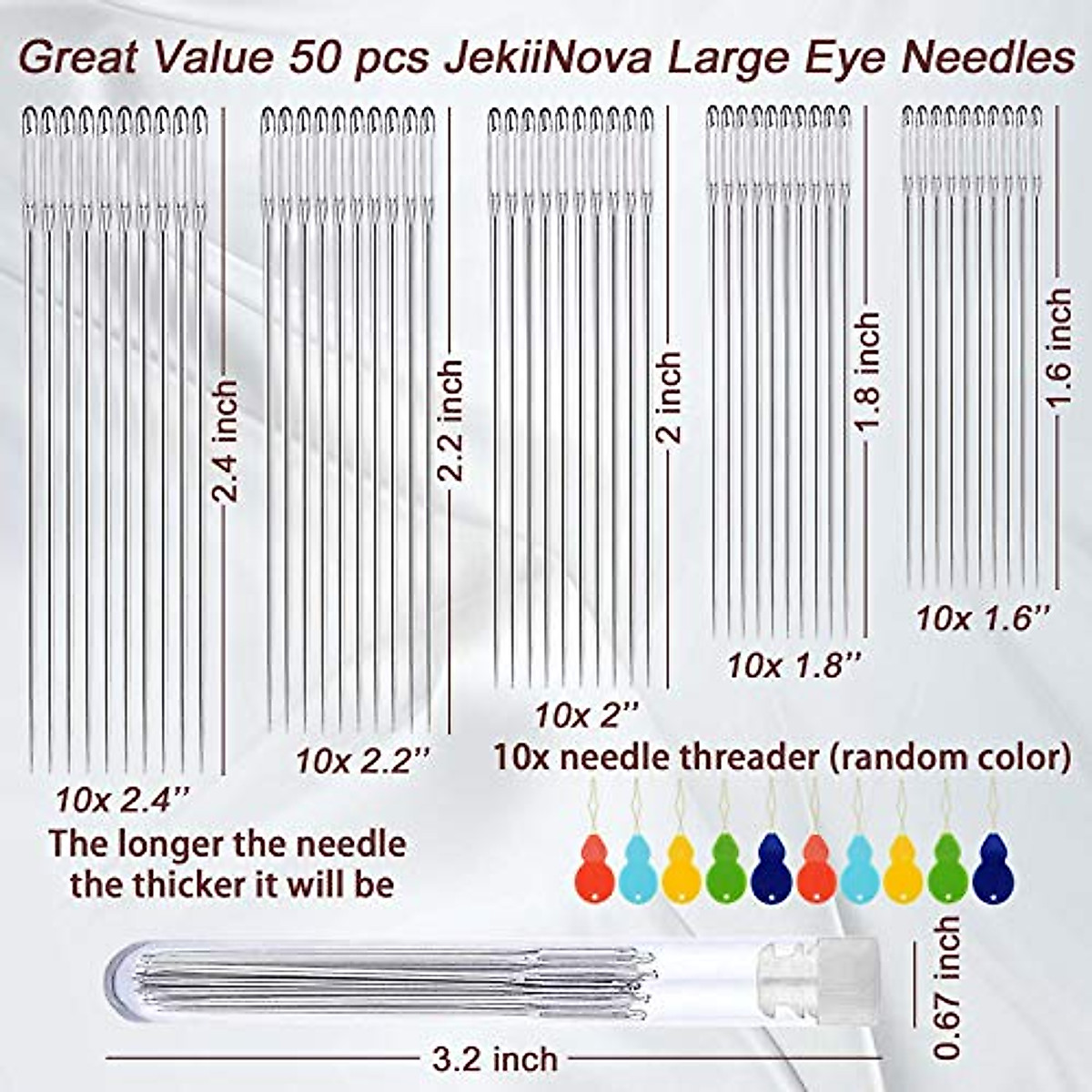 Large-Eye Needles for Hand Sewing, 50pcs Premium Large Eye Sewing Needles with Threaders and Storage Tube 5 Size Large Eye Pointed Stitching Needles for Stitching Crafting Projects and Embroidery