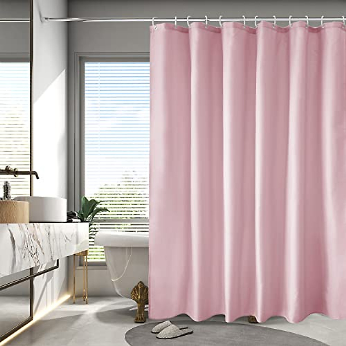 AooHome Extra Long 72x78 inch Shower Liner, Fabric Solid Color Shower Curtain Liner with Hooks, Weighted Hem, Waterproof, Pink