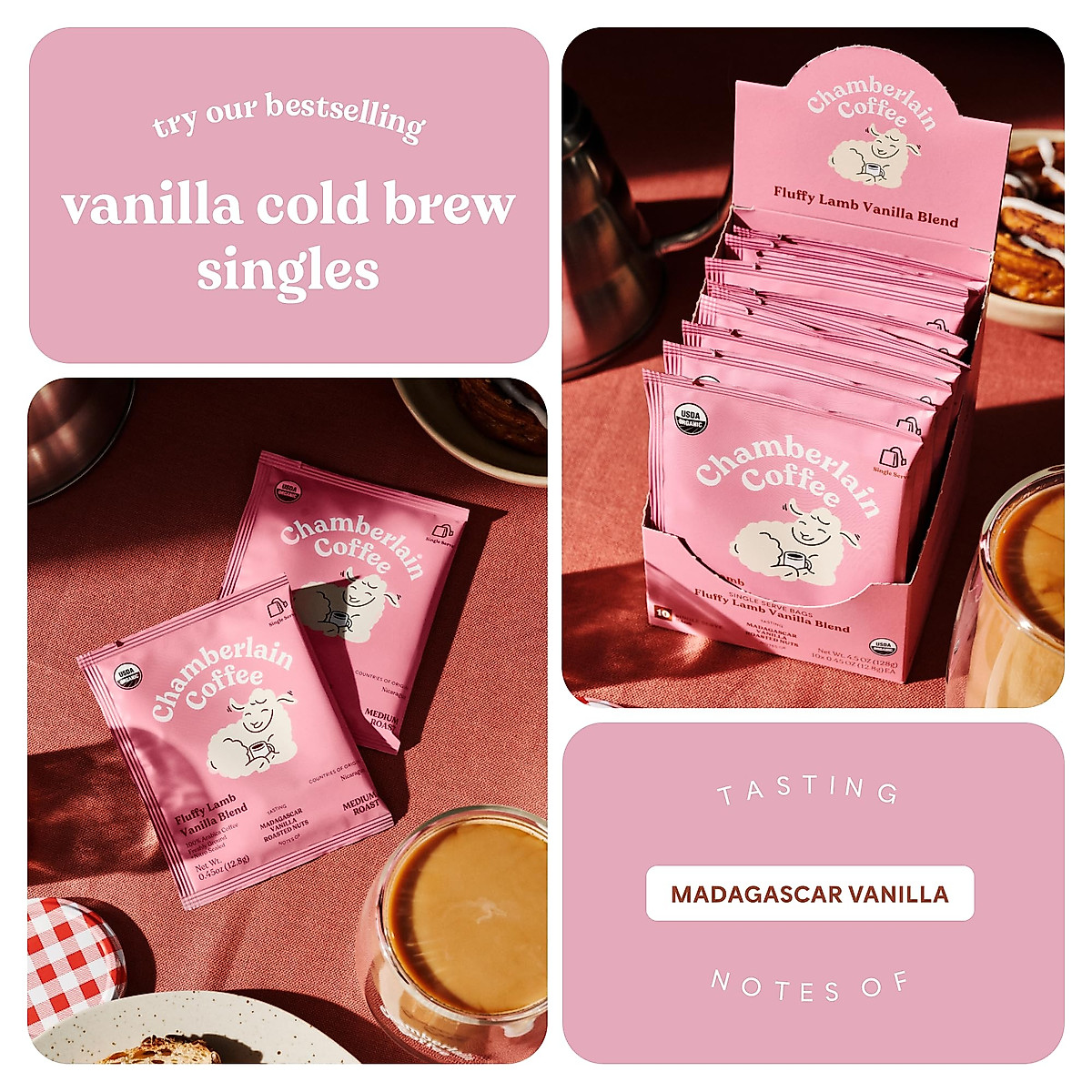 Chamberlain Coffee Fluffy Lamb Vanilla Cold Brew Singles - Cold Brew Coffee Bags with Notes of Vanilla & Roasted Nuts - 10 Single Serve Cold Brew Sachets