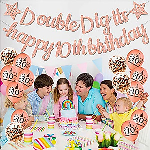 10th Birthday Decorations Banner Balloons - (22pack) Rose Gold Glitter Banner for Girls Boys, Double Digits Banner, Happy 10th Birthday. 20pcs 12 inch Balloons