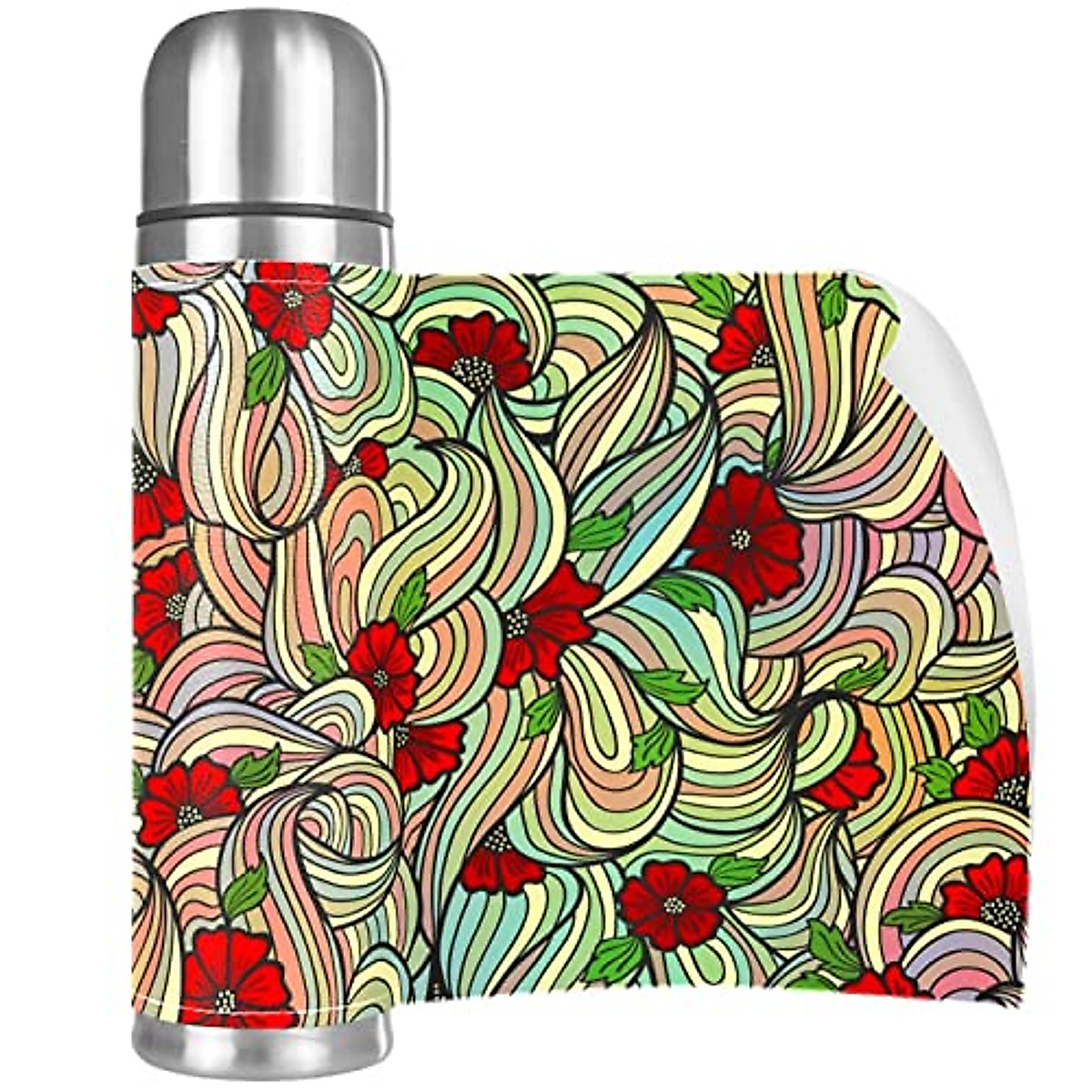 Red Flower Floral Art Stainless Steel Coffee Thermos, Double Walled Insulated Water Bottle for Outdoor Sports, Office, Car (17 OZ/500ML)