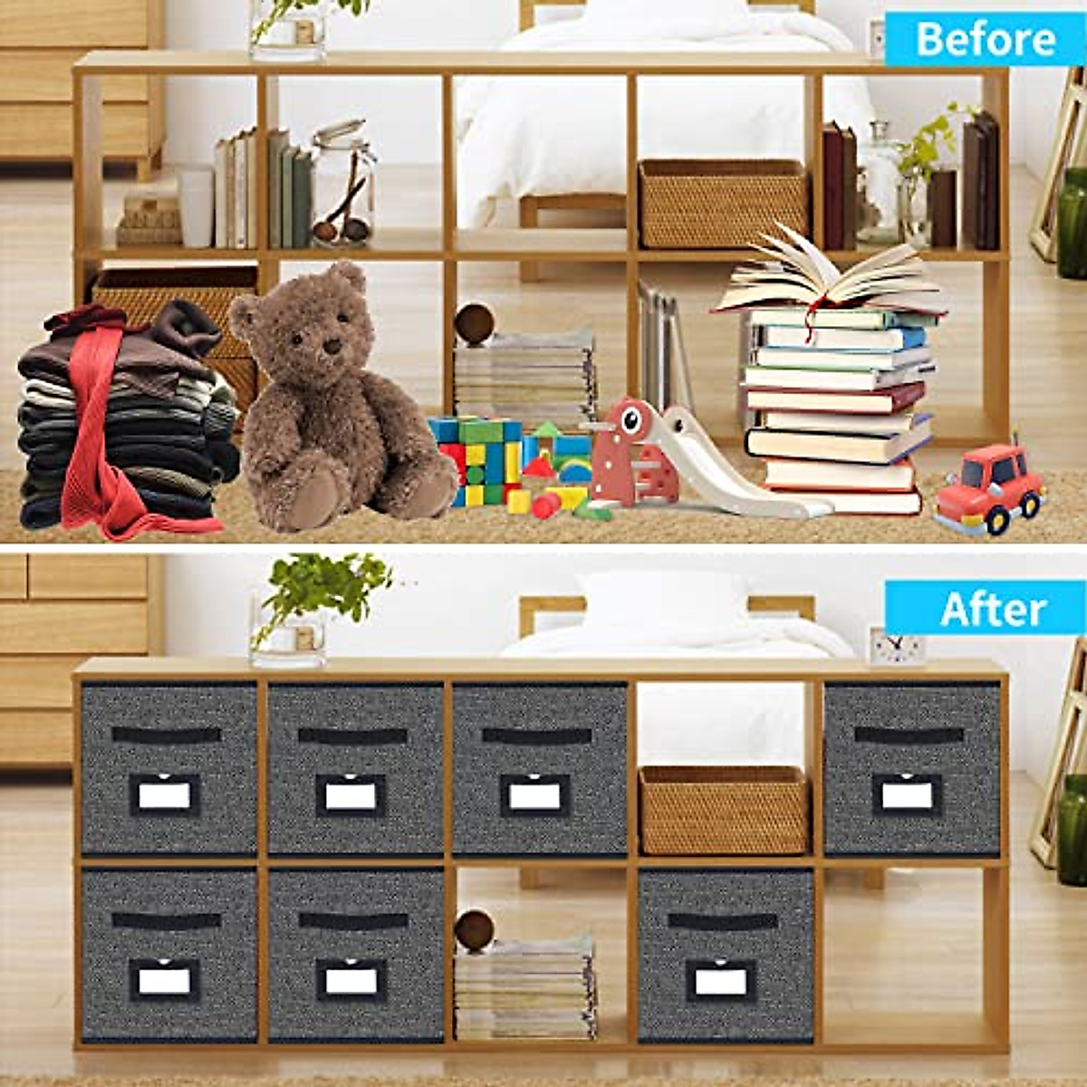 Onlyeasy Large Foldable Cloth Storage Cubes 4 Pack with Label Holders - Fabric Storage Bins Baskets Organizers for Home Office Nursery Cubby with Leather Handles, 13Wx15Dx13H Inch, Black, MXABXL04PLP