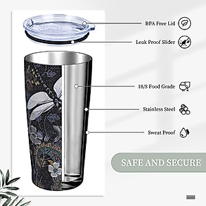 EVANEM 20 Oz Stainless Steel Tumbler With Straw Cleaner Dragonflies Grey Printed Insulated Cup Travel Coffee Mug Vacuum Insulated Tumblers For Home Office