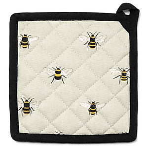 Globetrotting Merchant Oven Mitt and Pot Holder Set, 100% Quilted Cotton, Heat Resistant hot pads, Grey with Bumblebee print, Kitchen Essentials for Cooking, Baking, BBQ and Microwave.