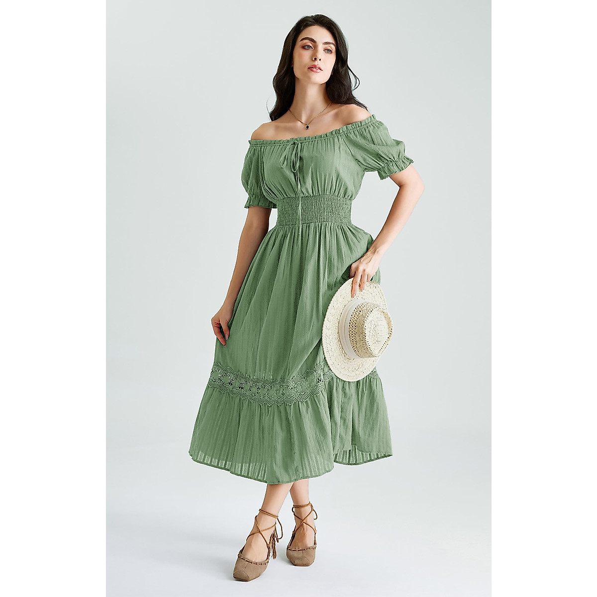 Renaissance Dress for Women Medieval Midi Length Vintage Dresses Light Green L