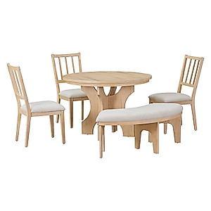 Merax 5-Piece Dining Set, 44" Round Table with Curved Bench and Side Chairs for 4-5 People, for Kitchen, Natural Wood Wash