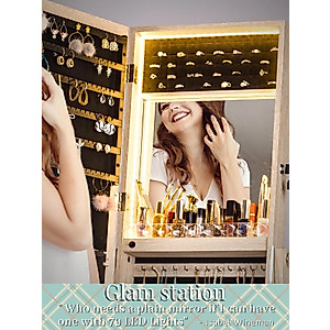 LUXFURNI 62.6" Standing Mirror with Storage, LED Light Mirror Jewelry Cabinet Armoire, Large Jewelry Storage Mirror, Lockable Jewelry Organizer Mirror, Natural