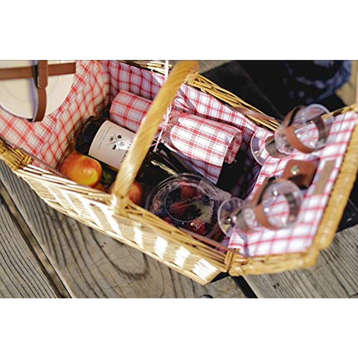PICNIC TIME Piccadilly Picnic Basket - Romantic Picnic Basket for 2 with Picnic Set, (Red & White Plaid Pattern)
