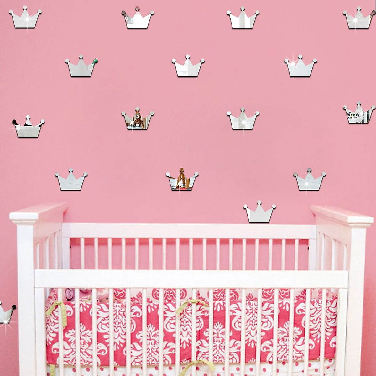ufengke 15-Pcs 3D Silver Princess Crown Mirror Effect Wall Decals,Children's Room Nursery Removable Wall Stickers Murals