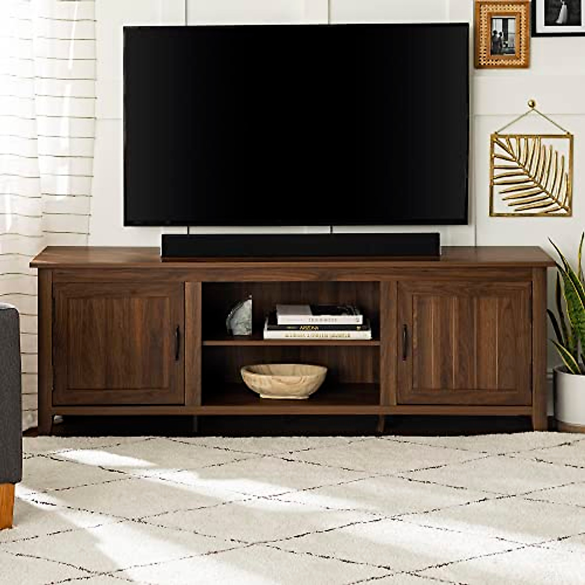 Walker Edison Ashbury Coastal Style Grooved Door TV Stand for TVs up to 80 Inches, 70 Inch, Dark Walnut