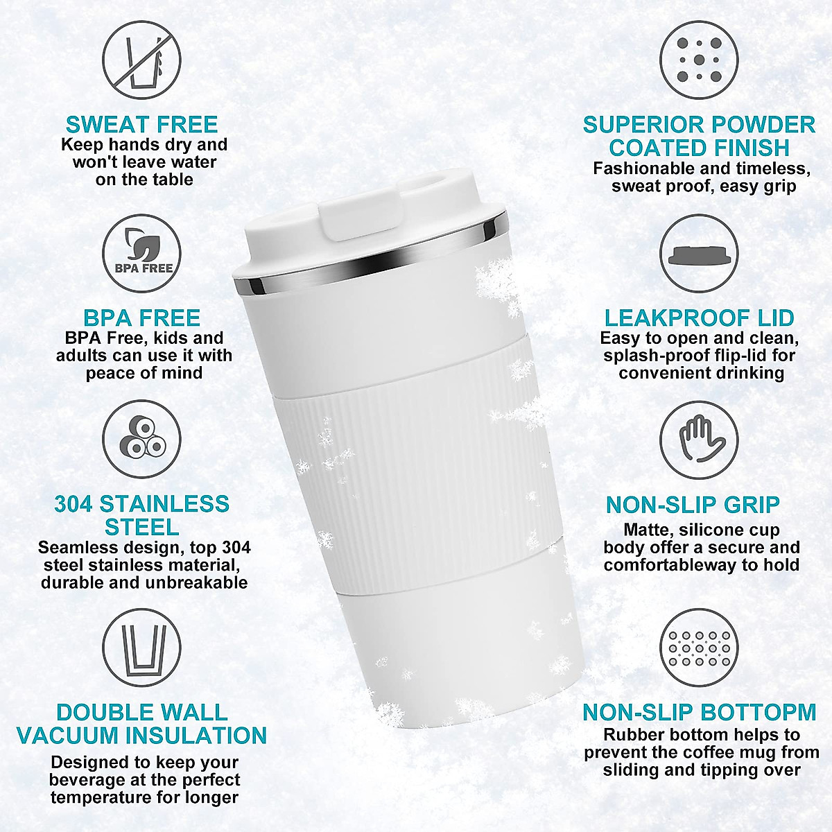 YINJOYI 17oz Travel Coffee Cups Insulated Mug Thermal Tumbler to Go with Lid Leak Proof Reusable Stainless Steel Coffee Mug Spill Proof for Hot and Iced Cold Drinks (White, 510ml)