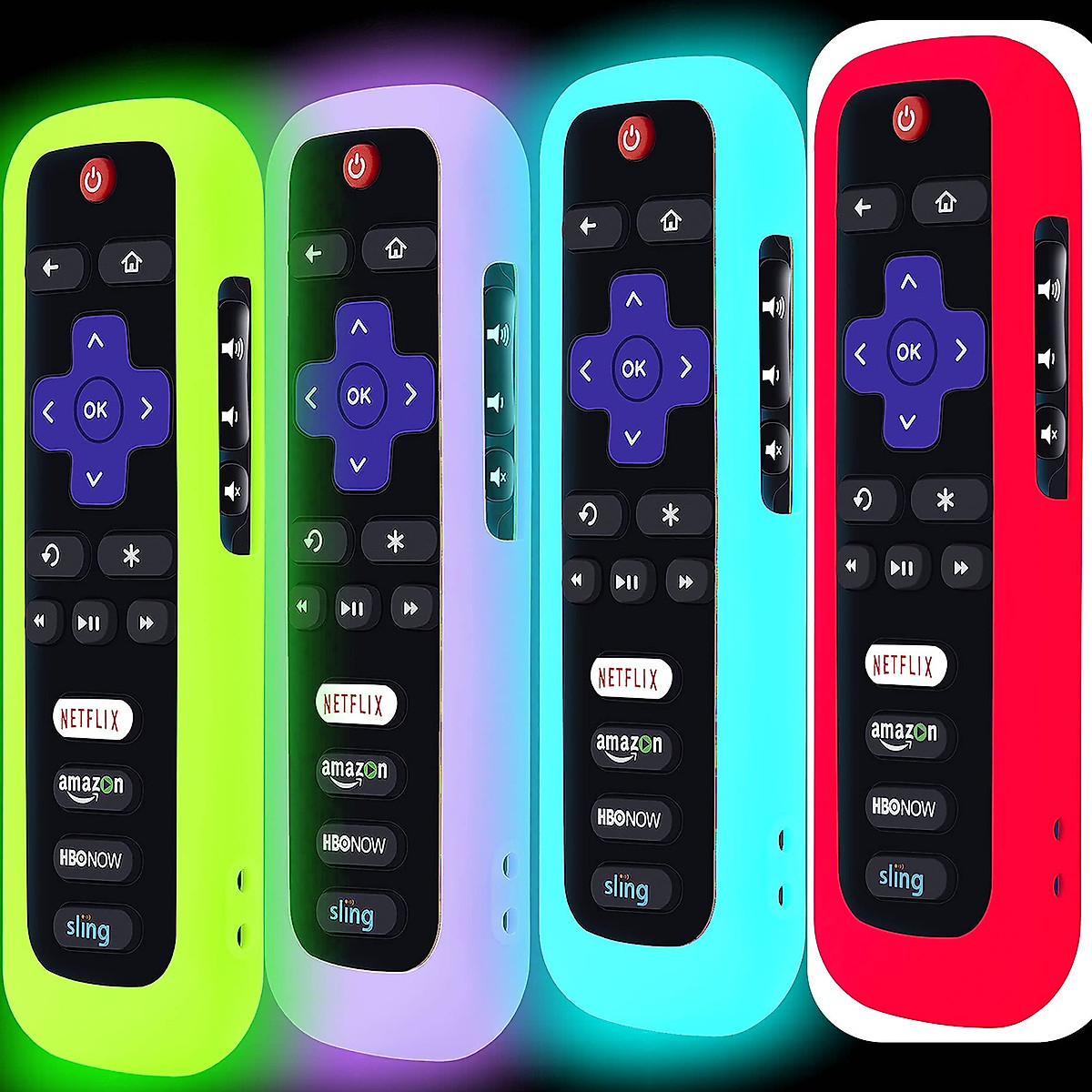 4 Pack Remote Case, Battery Cover for TCL Roku Smart TV Steaming Stick Remote, Silicone Protective Controller Universal Sleeve Skin Glow in the Dark Green Blue Purple Red