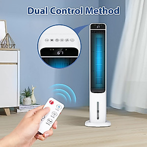 LifePlus Portable Evaporative Cooler, Swamp Bladeless Tower Fan Air Conditioner with Ice Cooling & Humidification, 4Ice Packs, 70°Oscillation, Low Noise for Kitchen Bedroom Office, 1.32 Gallon, White