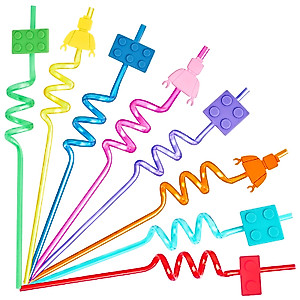 24 Pcs Building Blocks Party Favors Drinking Straws, 8 Colors Reusable Straws for Kids Adults Birthday Party Decoration Supplies with 2 Pcs Straws Cleaning Brush