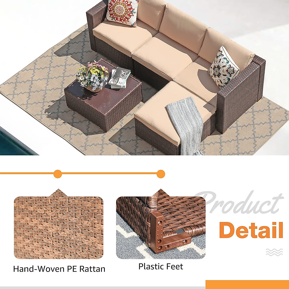 Patiorama 3 Piece Patio Furniture Set, Outdoor Sectional Sofa, PE Wicker Rattan Conversation Set, All Weather Armless Chair and Ottoman with Coffee Table, Brown Wicker Beige Cushion