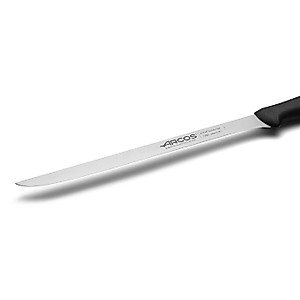 ARCOS Slicing Knife / Ham Knife 10 Inch Nitrum Stainless Steel and 240 mm blade. Ergonomic Polyoxymethylene POM Handle. Series Menorca. Handle made of lightbluish polypropylene. Color Black.