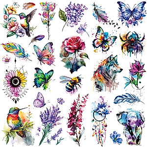 Tazimi 8 Sheets Large 3D Watercolor Temporary Tattoos For Women Girls-Colorful Flower Hummingbird Butterfly Realistic Long Lasting Fake Tattoo Stickers Waterproof Tattoos For Women Adult Body Art