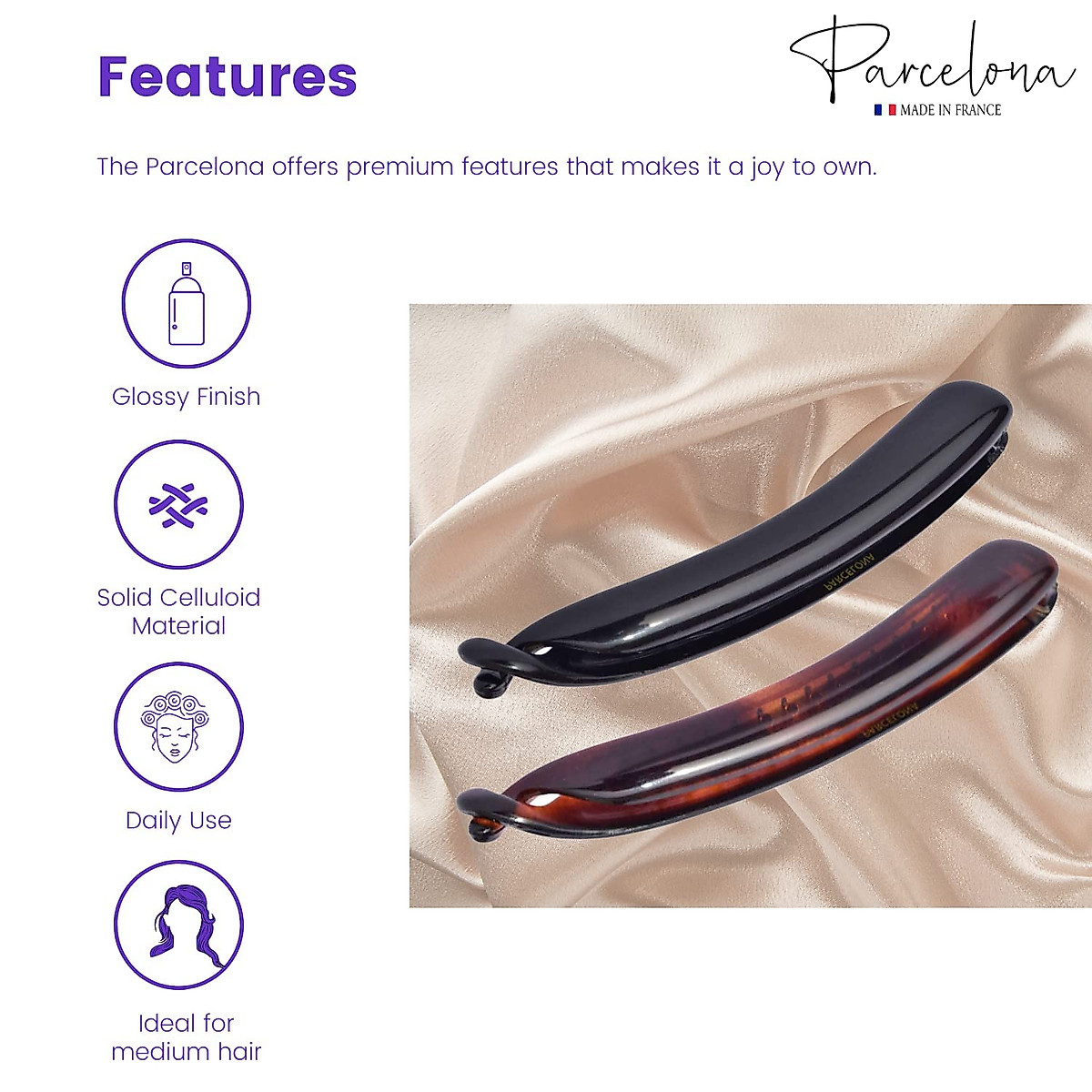 Parcelona French Small 3 ¾” Celluloid Set of 2 French Banana Hair Clip Flexible Ponytail Holder Fashion Durable Styling Paris Hair Accessories for Women, Made in France (Tortoise Shell-Black)