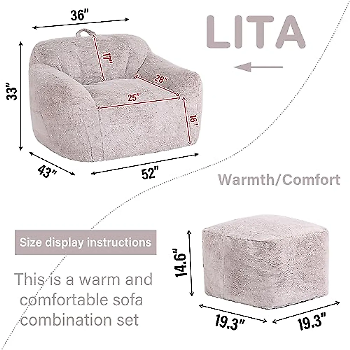 LITA Bean Bag Chair with Ottoman, Fur Faux Armrests Accent Chair High-Density Foam Filled Giant Lazy BeanBag Sofa with Pocket & Foot Stool for Living Room, Bedroom, Coffee