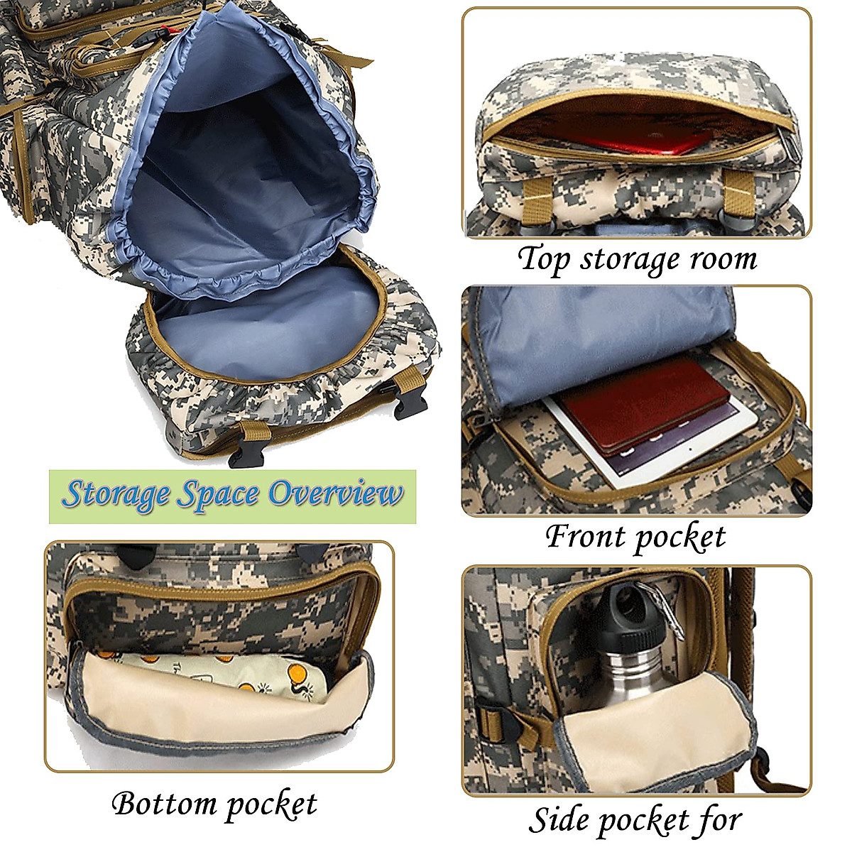 70L Waterproof Hiking Daypack Large Hiking Backpack, Hunting Camping Rucksack Backpack for Men Outdoor Sports Backpack (Desert color(Pocket))