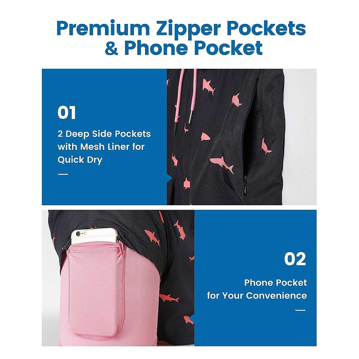 maamgic Mens Swim Trunks with Compression Liner 5" Stretch Beach Shorts Quick Dry with Zipper Pockets No-Chafing Board Shorts Black-Pink Shark L