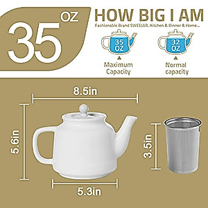 Sweejar Porcelain Teapot with Infuser and Lid, 35 Fl Oz Teaware with Stainless Steel Filter for Tea, Milk, Coffee, Office, Home, Purple