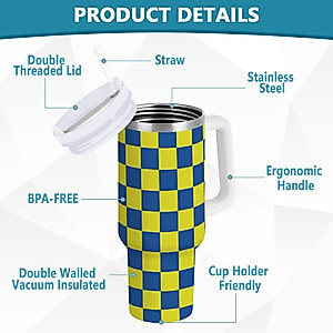Yellow Blue Checkered 40 oz Tumbler with Handle and Straw Lid, Insulated Coffee Cup Reusable Stainless Steel Water Bottle Travel Mug Cupholder Friendly,Gifts for Women Men