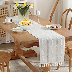 AUAUY Table Runner with Handmade Tassels, Boho Style Beige Weave Stripes Polyester Fabric Table Runner, Macrame Table Decoration for Holiday Party Dining Wedding and Everyday Use(13*70.87in)