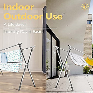 URYAN 95 Inches Clothes Drying Rack, Heavy Duty Stainless Steel Laundry Drying Rack Folding Indoor Outdoor, Portable Drying Rack Clothing, Blanket Rack Clothesline with 20 Windproof Hooks