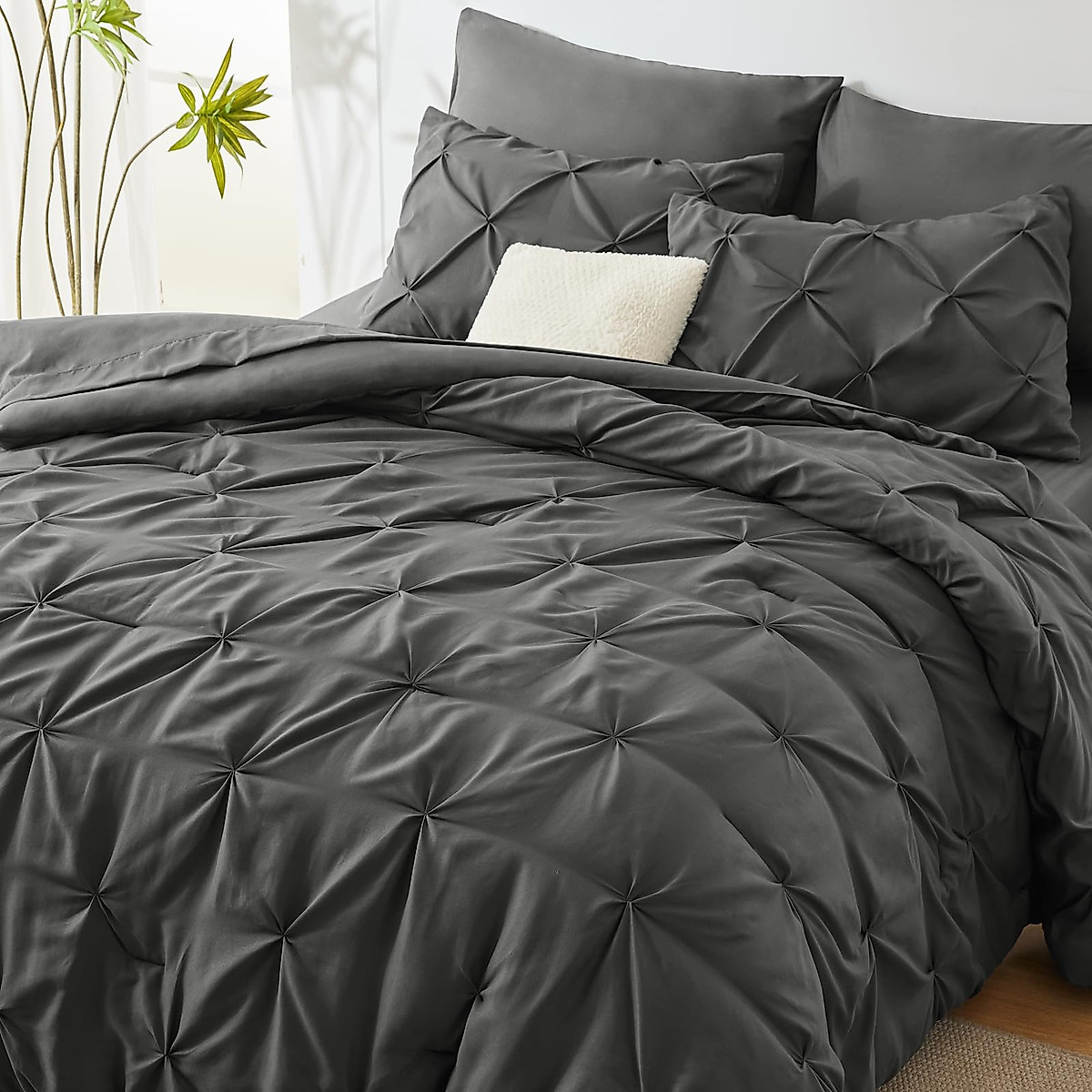 CozyLux Queen Comforter Set - 7 Pieces Comforters Queen Size Dark Grey, Pintuck Bed in A Bag Gray Pinch Pleat Bedding Sets with All Season Comforter, Flat Sheet, Fitted Sheet and Pillowcases & Shams