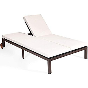 HAPPYGRILL 2-Person Patio Lounge Chair Rattan Wicker Chaise Lounge with Adjustable Backrest, Outdoor Loveseat Sofa Daybed with Wheels & Cushion for Garden Lawn Backyard
