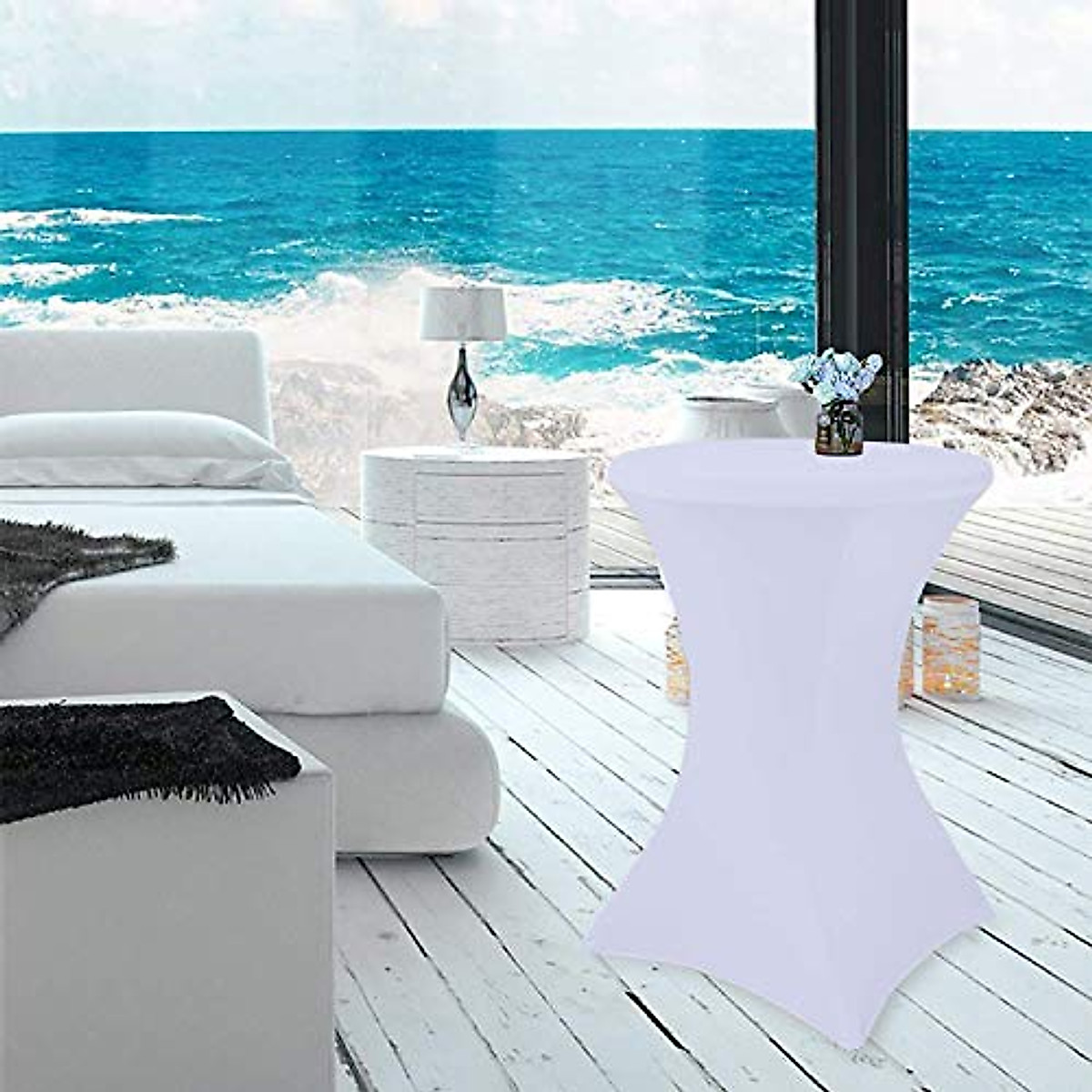 RELIANCER 2 Pack 30inch Highboy Cocktail Round Spandex Table Cover Four-Way Tight Fitted Stretch Tablecloth Table Cloth for Outdoor Party DJ Tradeshow Banquet Vendor Wedding(2PC 30''X42'',White)