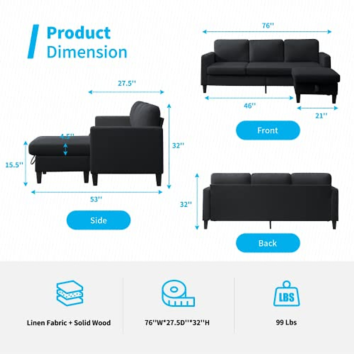 Mjkone Convertible Sectional Sofa Couch with Storage Ottoman, 76" W L-Shaped Couch for Living Room, 3-Seat Sofas with Reversible Chaise, Sectional Couches for Living Room/Office/Bedroom (Dark Grey)