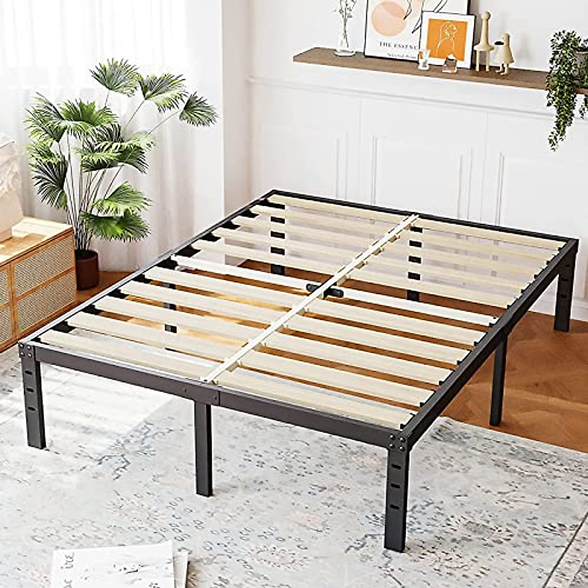 ZIYOO King Bed Frame 16 Inches Tall, 3 Inches Wide Wood Slats with 3500 Pounds Support, No Box Spring Needed for Foam Mattress, Underbed Storage Space, Easy Assembly, Noise Free-Black